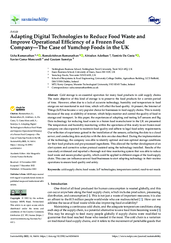 (PDF) Adapting Digital Technologies to Reduce Food Waste and Improve ...