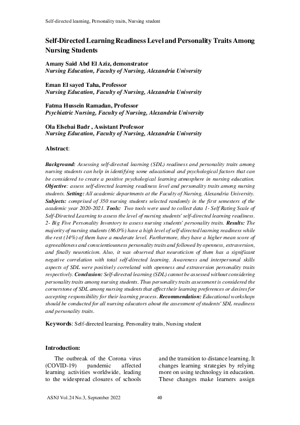 (PDF) Self-Directed Learning Readiness Level and Personality Traits Among Nursing Students