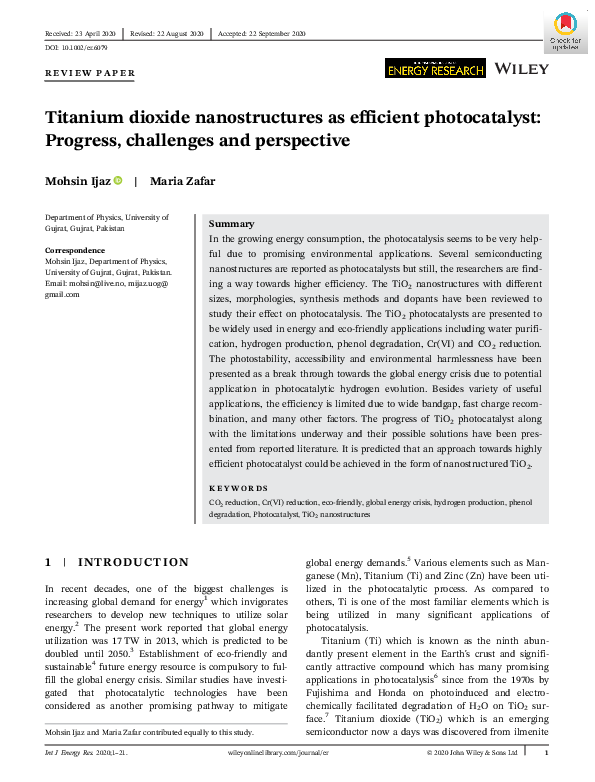 (PDF) Titanium dioxide nanostructures as efficient photocatalyst: Progress, challenges and ...