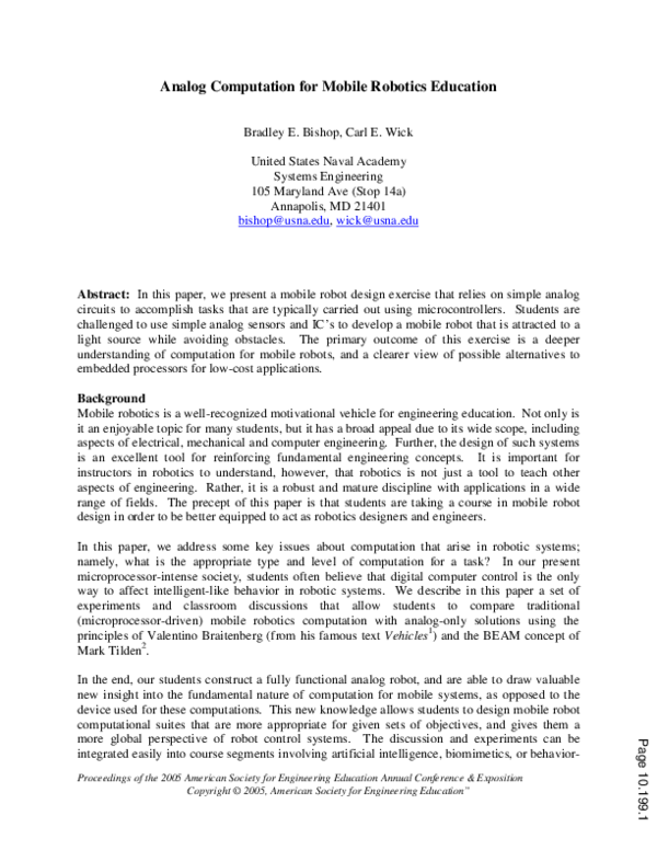 Pdf Analog Computation For Mobile Robotics Education