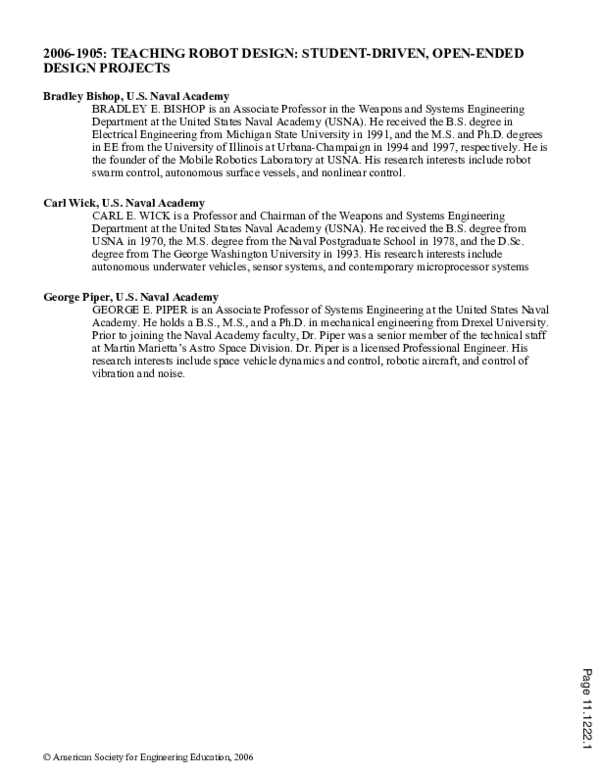 (PDF) Teaching Robot Design: Student Driven, Open Ended Design Projects