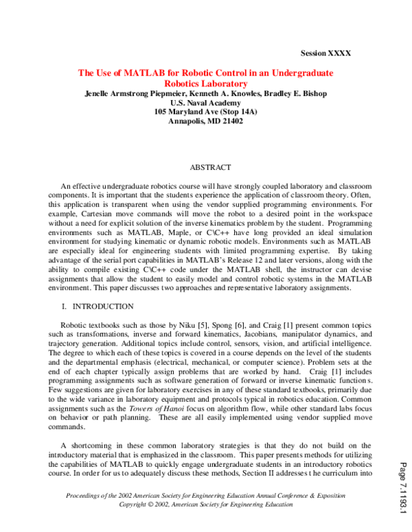 (PDF) The Use Of Matlab For Robotic Control In An Undergraduate Robotics Laboratory