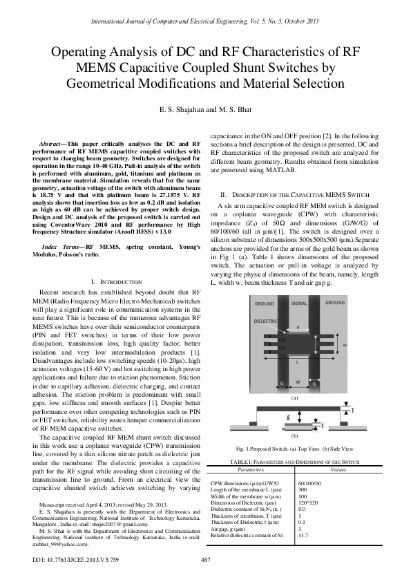 Pdf Operating Analysis Of Dc And Rf Characteristics Of Rf Mems Capacitive Coupled Shunt