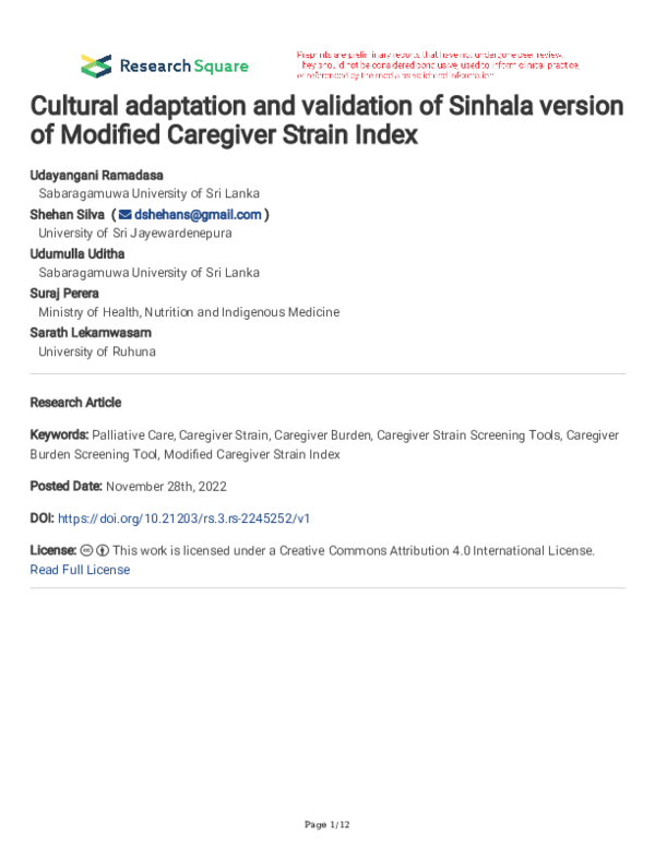 Pdf Cultural Adaptation And Validation Of Sinhala Version Of Modified Caregiver Strain Index