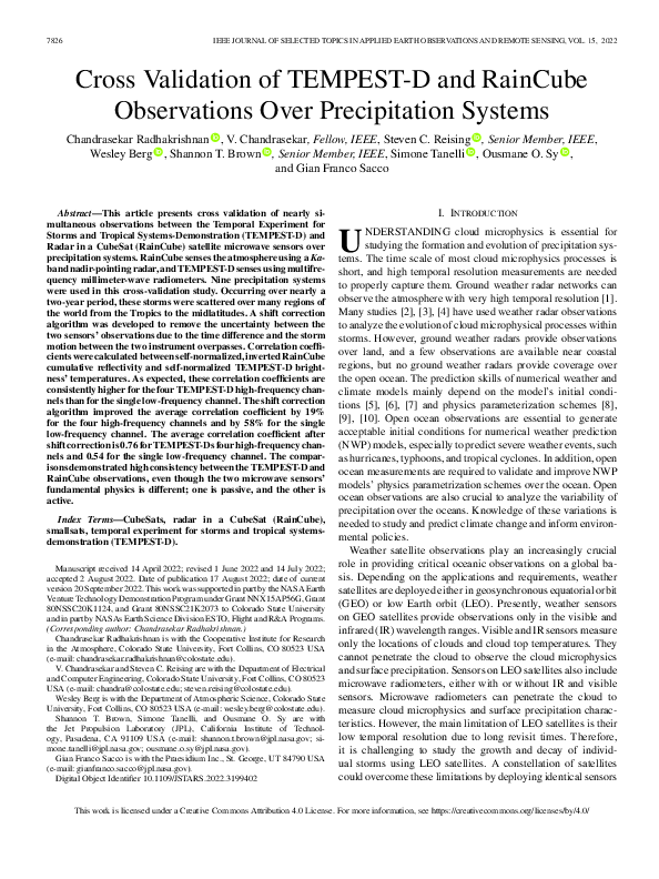 (PDF) Cross Validation of TEMPEST-D and RainCube Observations Over Precipitation Systems