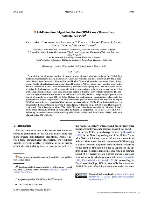 (PDF) Hail-Detection Algorithm for the GPM Core Observatory Satellite Sensors