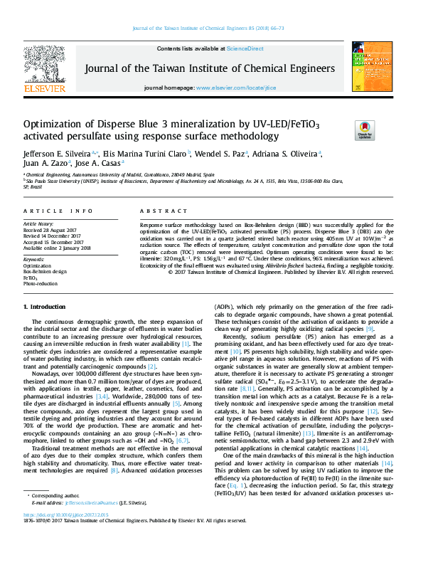 (PDF) Optimization of Disperse Blue 3 mineralization by UV-LED/FeTiO3 ...