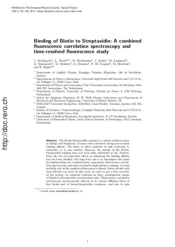 (PDF) Binding of Biotin to Streptavidin: A combined fluorescence correlation spectroscopy and ...