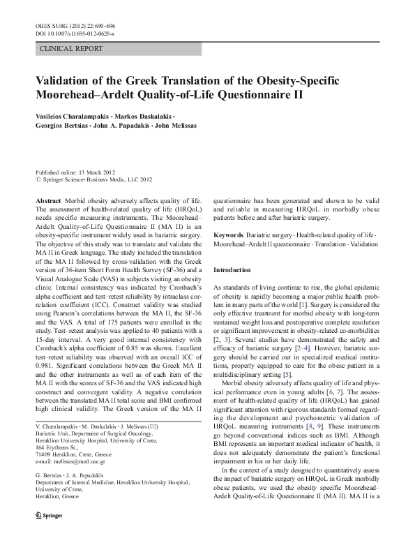 (PDF) Validation of the Greek Translation of the Obesity-Specific ...