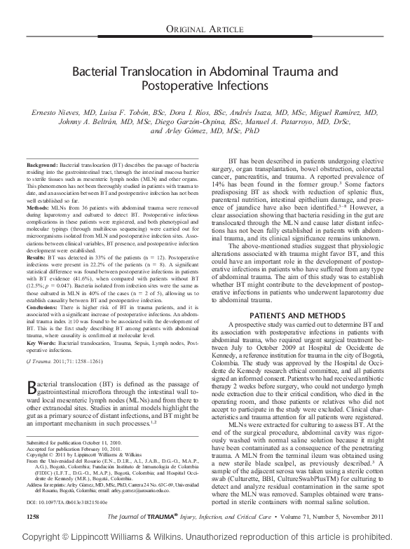 (PDF) Bacterial Translocation in Abdominal Trauma and Postoperative ...