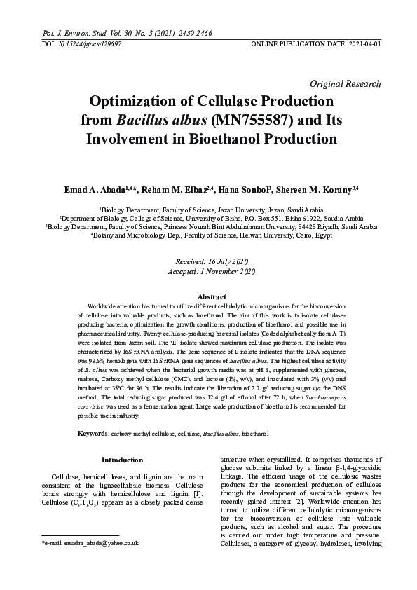 (PDF) Optimization of Cellulase Production from Bacillus albus ...