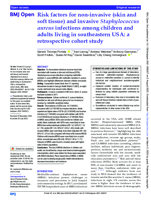 (PDF) Risk factors for non-invasive (skin and soft tissue) and invasive Staphylococcus aureus ...