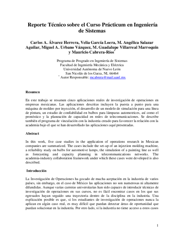 (PDF) Reporte Técnico sobre el Curso Prácticum en Ingeniería de Sistemas