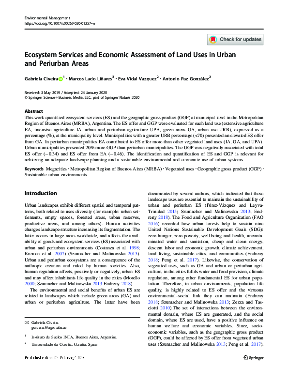 (PDF) Ecosystem Services and Economic Assessment of Land Uses in Urban ...