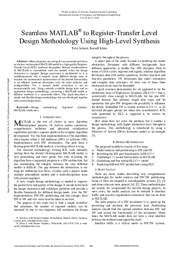 Pdf Seamless Matlab ® To Register Transfer Level Design Methodology Using High Level Synthesis
