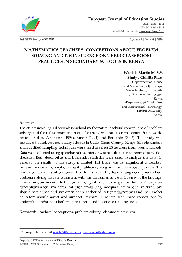 (PDF) Mathematics Teachers' Conceptions About Problem Solving and Its ...