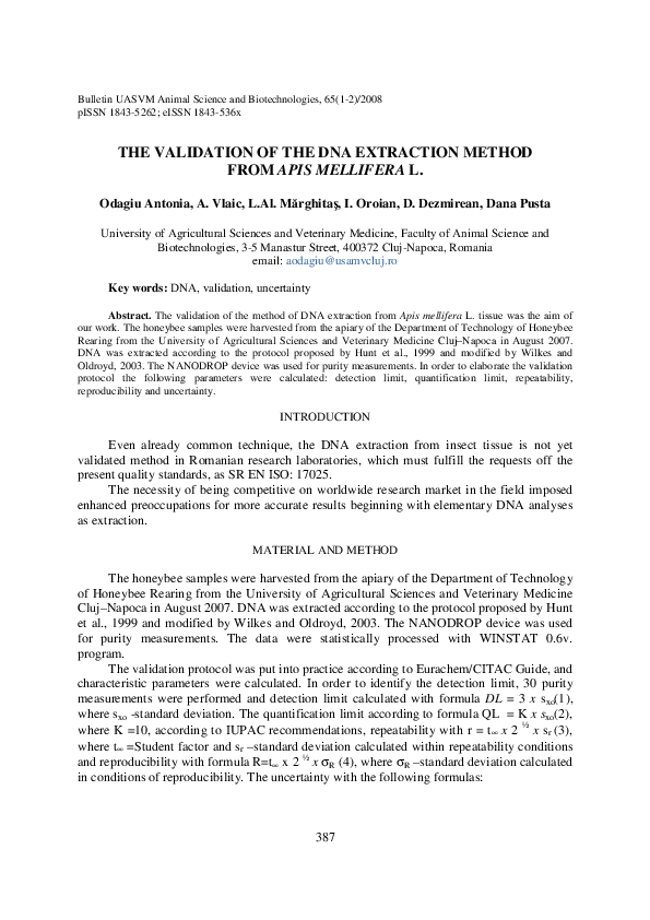 (PDF) The Validation of the Dna Extraction Method from Apis Mellifera L