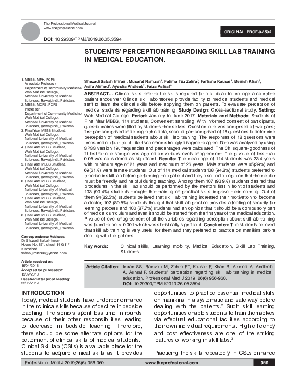 (PDF) Students’ perception regarding skill lab training in medical ...