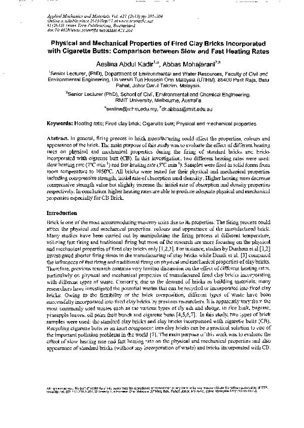 (PDF) Physical and Mechanical Properties of Fired Clay Bricks Incorporated with Cigarette Butts ...
