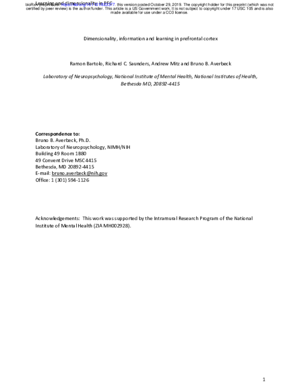 Pdf Dimensionality Information And Learning In Prefrontal Cortex