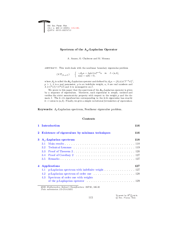 (PDF) Spectrum of the Ap-laplacian operator | mahmoud moussa - Academia.edu