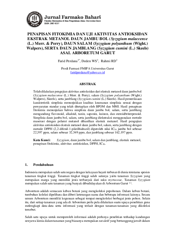 (PDF) PENAPISAN FITOKIMIA DAN UJI AKTIVITAS ANTIOKSIDAN EKSTRAK METANOL DAUN JAMBU BOL (Syzygium ...