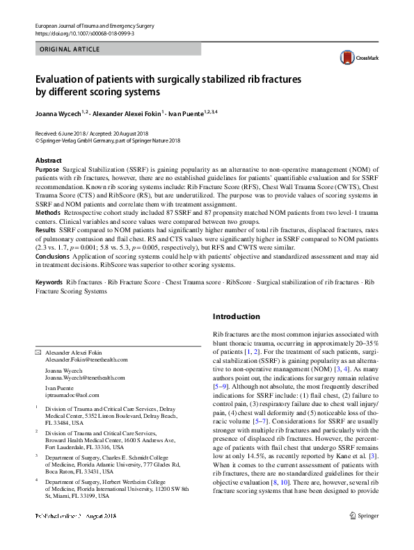 (PDF) Evaluation of patients with surgically stabilized rib fractures ...