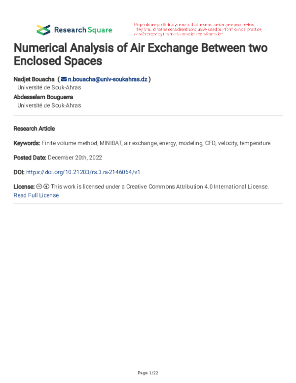 (PDF) Numerical Analysis of Air Exchange Between two Enclosed Spaces