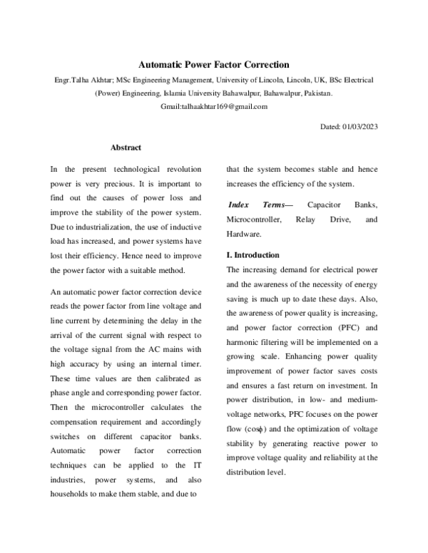 (PDF) Automatic Power Factor Correction