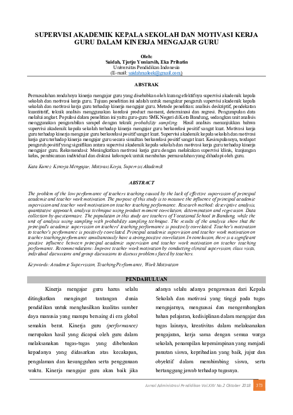 (PDF) Supervisi Akademik Kepala Sekolah Dan Motivasi Kerja Guru Dalam Kinerja Mengajar Guru