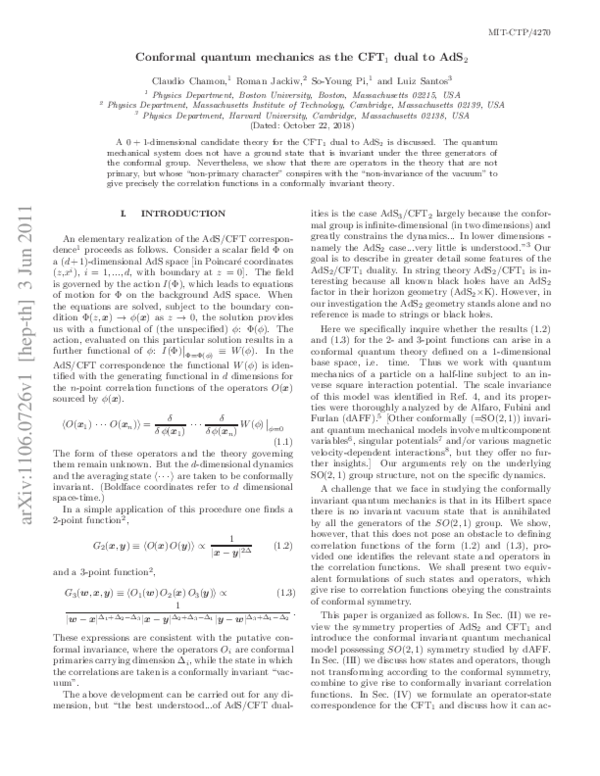 (PDF) Conformal quantum mechanics as the CFT1 dual to AdS2
