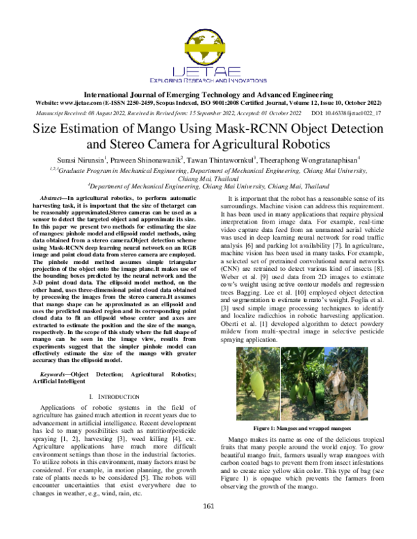 Pdf Size Estimation Of Mango Using Mask Rcnn Object Detection And