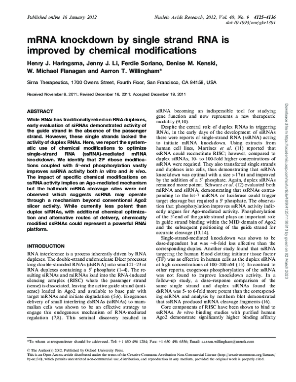 (PDF) mRNA knockdown by single strand RNA is improved by chemical ...