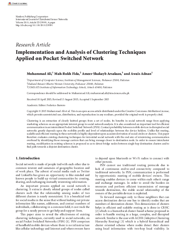 (PDF) Implementation and Analysis of Clustering Techniques Applied on Pocket Switched Network