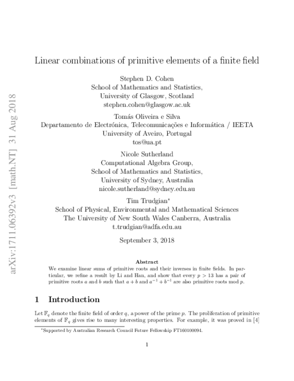 (PDF) Linear combinations of primitive elements of a finite field