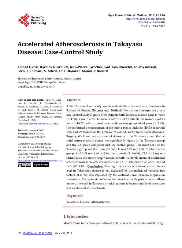 (PDF) Accelerated Atherosclerosis in Takayasu Disease: Case-Control Study
