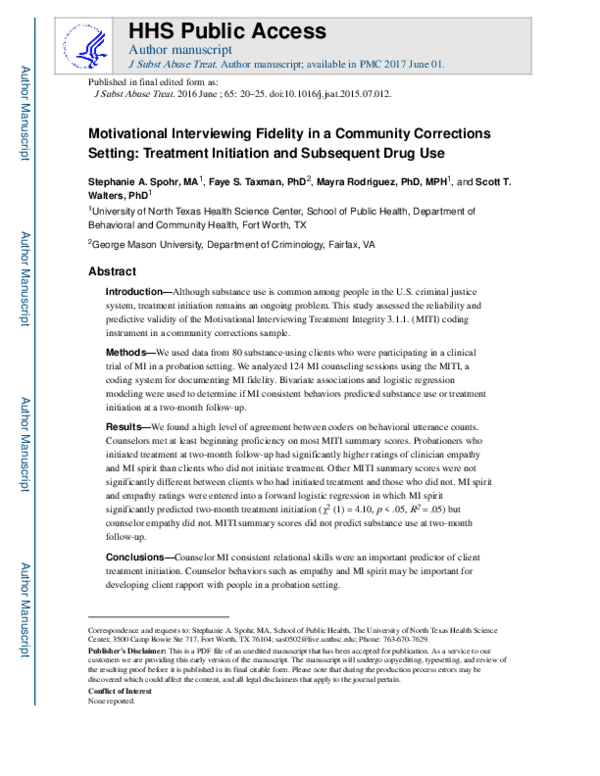 (PDF) Motivational Interviewing Fidelity in a Community Corrections ...