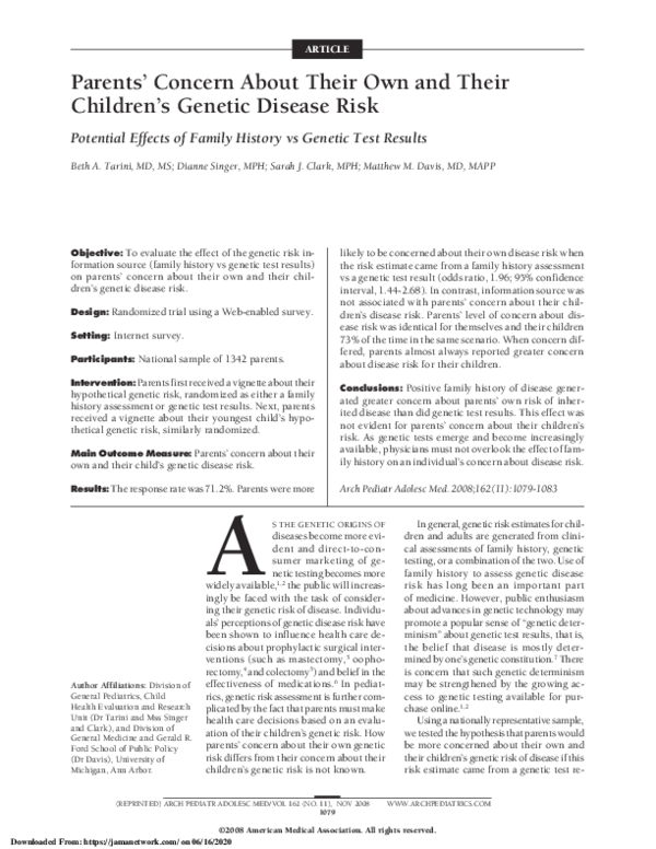 (PDF) Parents' Concern About Their Own and Their Children's Genetic ...