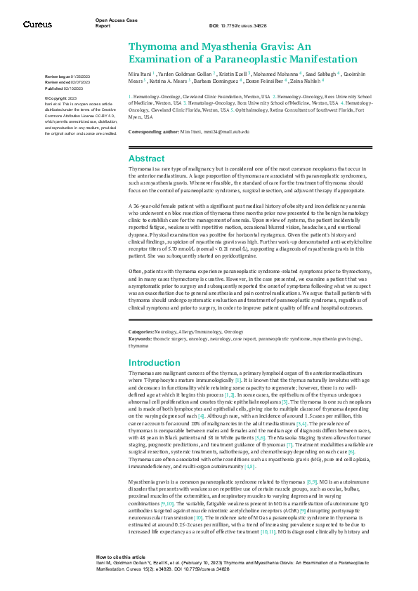 (PDF) Thymoma and Myasthenia Gravis: An Examination of a Paraneoplastic Manifestation
