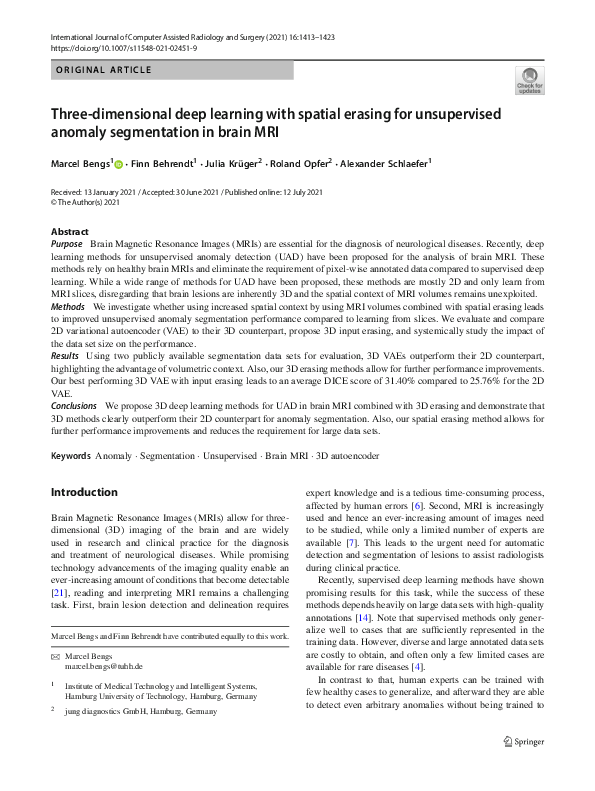 Pdf Three Dimensional Deep Learning With Spatial Erasing For Unsupervised Anomaly Segmentation