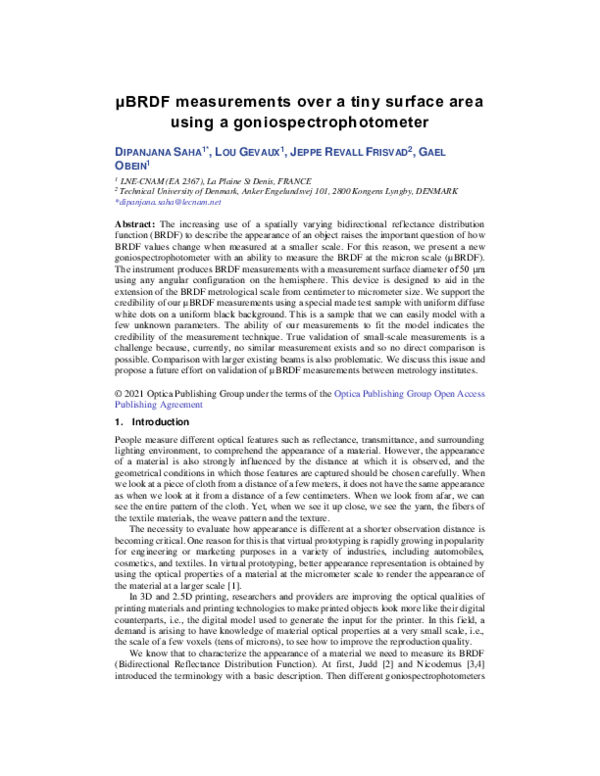 (PDF) µBRDF measurements over a tiny surface area using a goniospectrophotometer