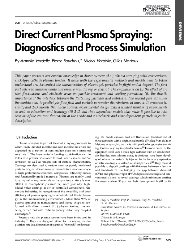 (PDF) Direct Current Plasma Spraying: Diagnostics and Process Simulation