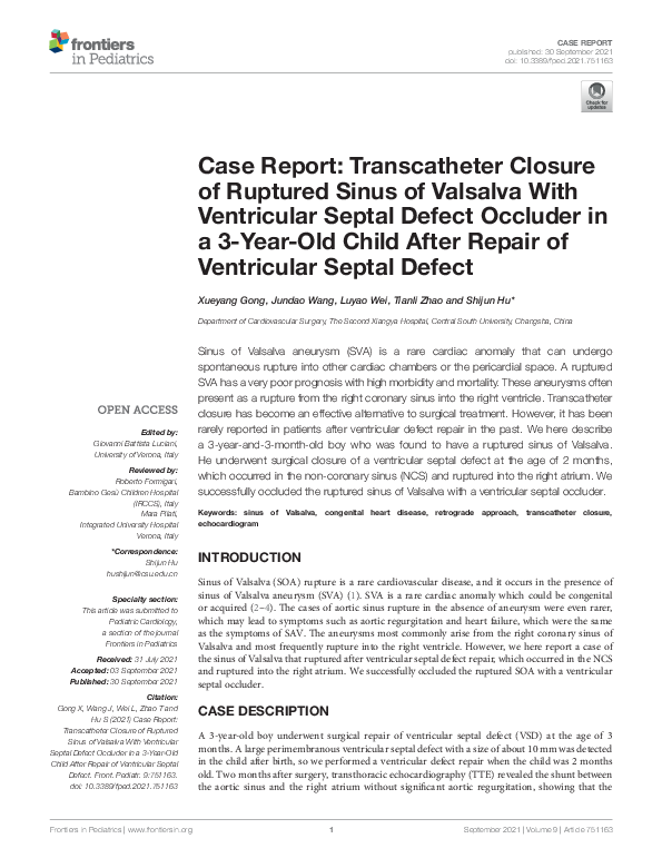 (PDF) Case Report: Transcatheter Closure of Ruptured Sinus of Valsalva ...