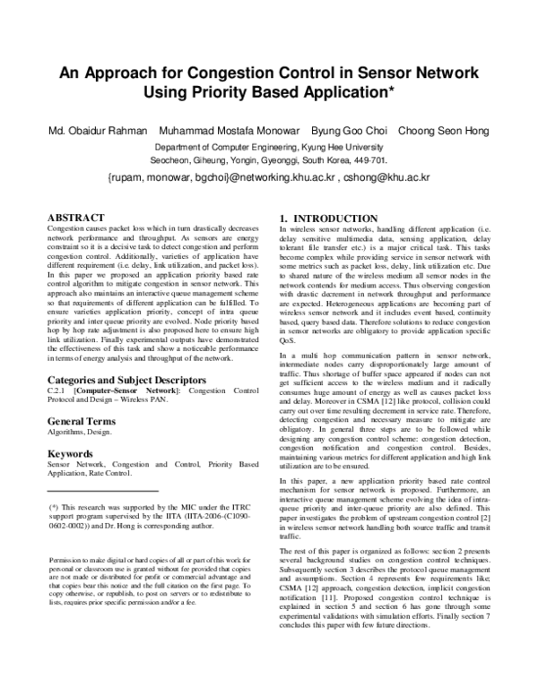 Pdf An Approach For Congestion Control In Sensor Network Using Priority Based Application