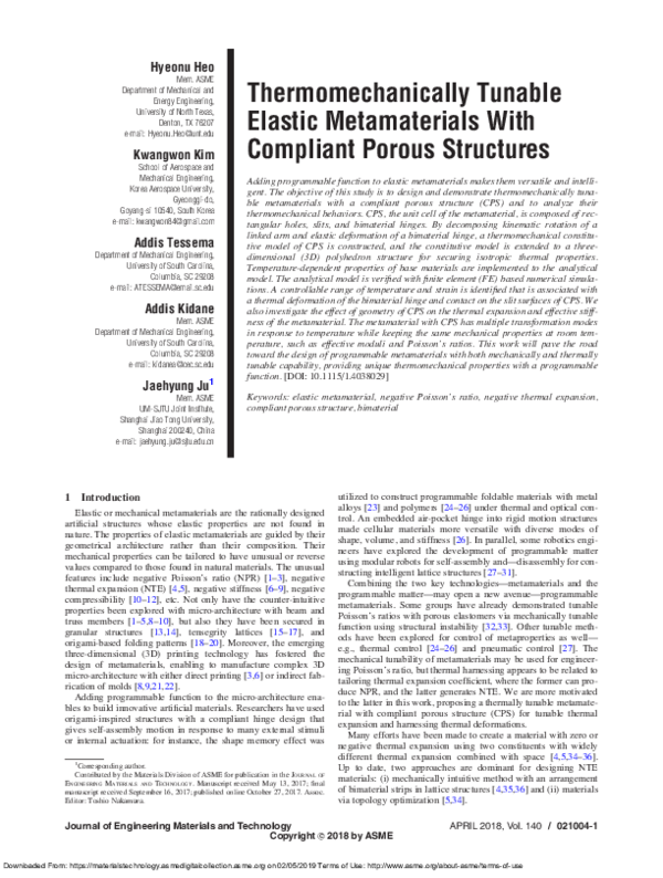 (PDF) Thermomechanically Tunable Elastic Metamaterials With Compliant ...