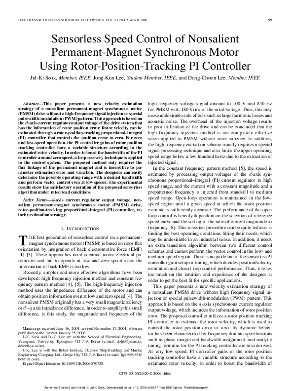 Pdf Sensorless Speed Control Of Nonsalient Permanent Magnet Synchronous Motor Using Rotor 