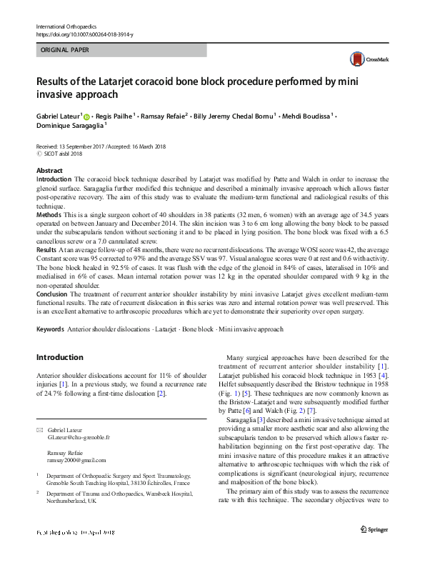(PDF) Results of the Latarjet coracoid bone block procedure performed ...