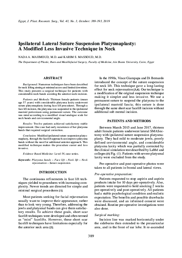 Pdf Ipsilateral Lateral Suture Suspension Platysmaplasty A Modified