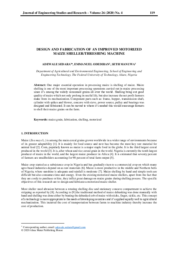 (PDF) DESIGN AND FABRICATION OF AN IMPROVED MOTORIZED MAIZE SHELLER ...