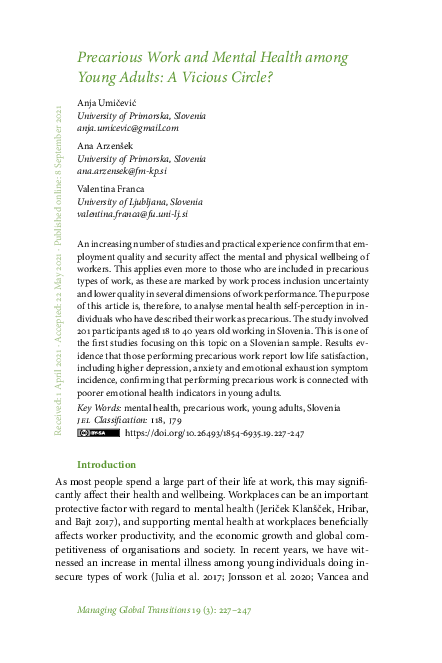 (PDF) Precarious Work and Mental Health among Young Adults: A Vicious ...